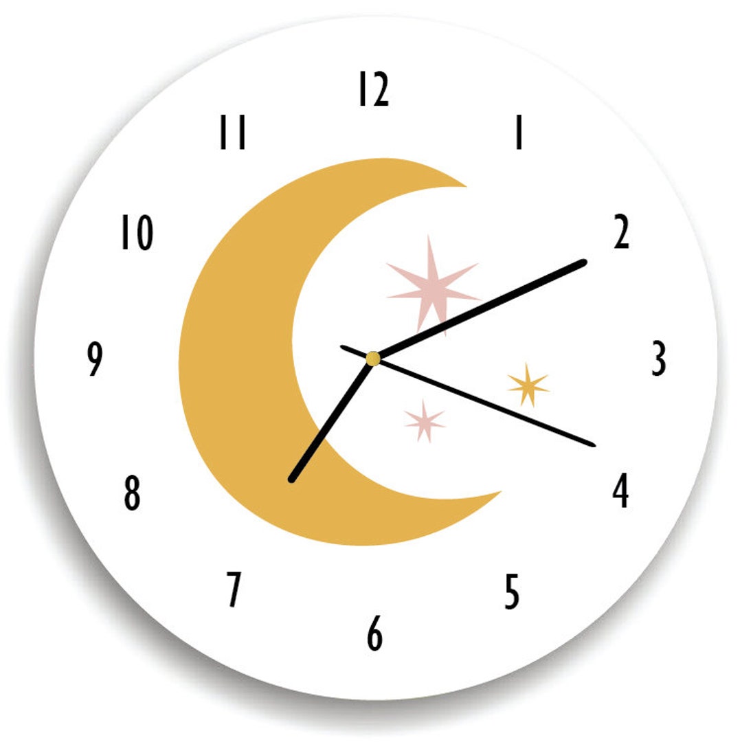 Moon and Stars Kids Wall Clock, Minimalist Nursery, Moon and Stars ...