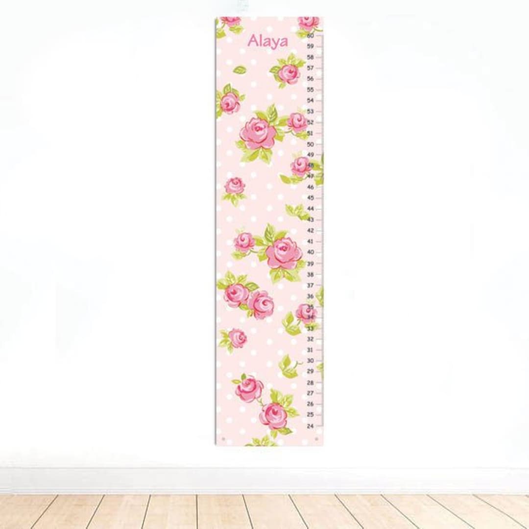 Personalized Roses Growth Chart, Pink Floral Growth Chart With Polka ...