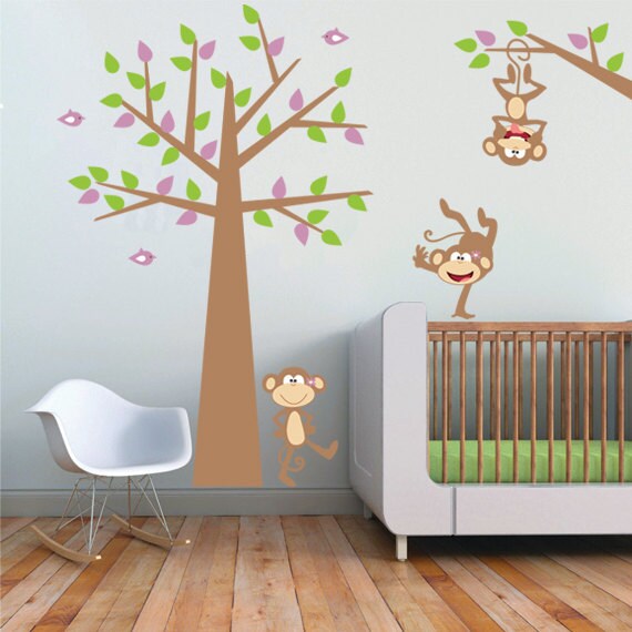 Monkeys on Tree Wall Decal Girls WALL DECAL Nursery Wall - Etsy