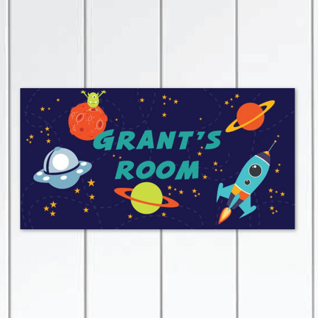 Boys DOOR SIGN Outer-space, Kids Bedroom Personalized Wall Art With UFO ...