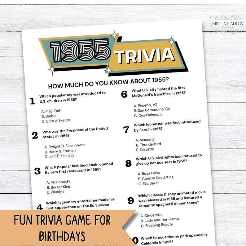 Printable 1955 Trivia Game 50th Birthday Party Games 1955 Fun Facts ...