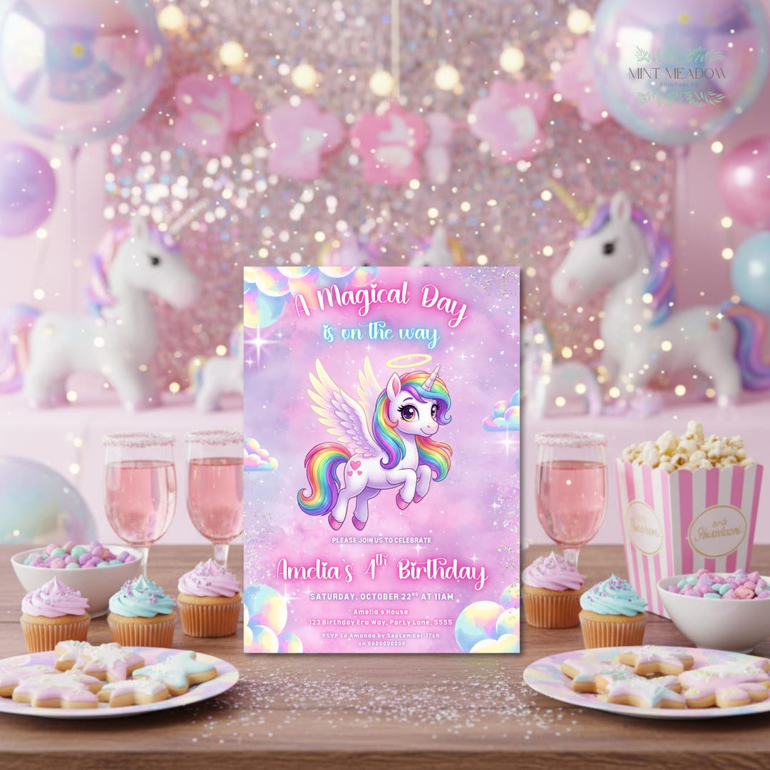 Editable Rainbow Unicorn Birthday Invitation, A Magical Day is on the ...