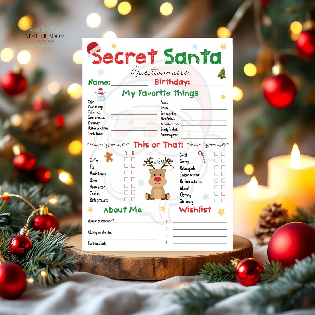 Festive Christmas Secret Santa Questionnaire Editable Christmas Gift ...