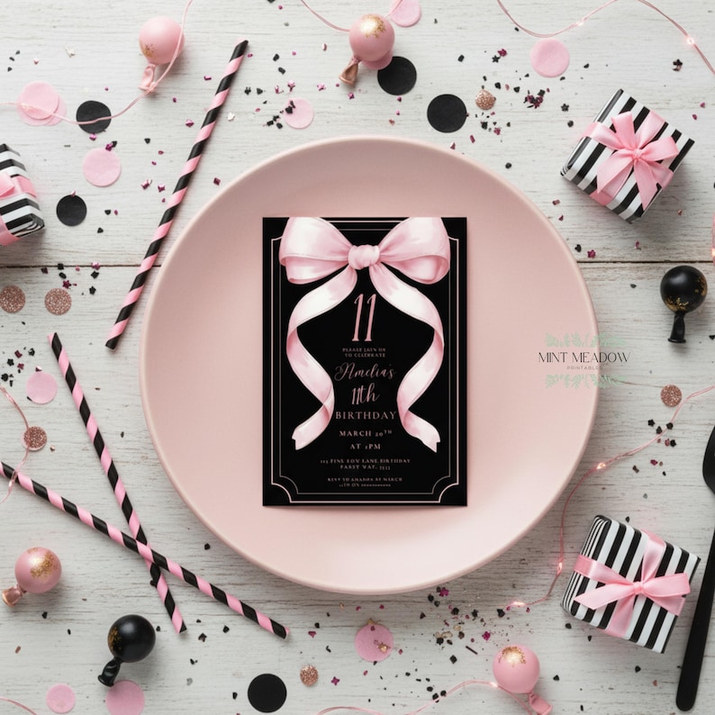 Pink and Black Bow 11th Birthday Invite, Girls Ribbon Party Invitation, Editable Canva Template ...