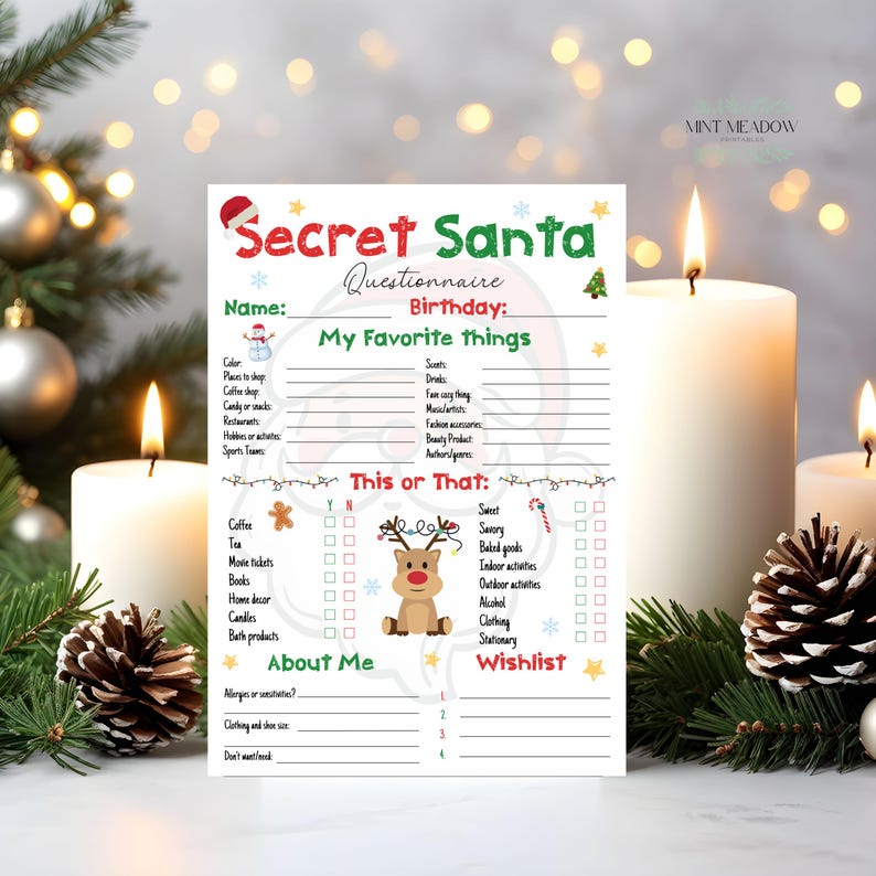 Festive Christmas Secret Santa Questionnaire Editable Christmas Gift ...