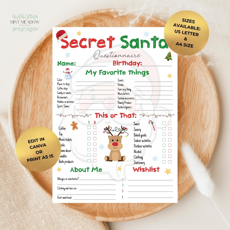 Festive Christmas Secret Santa Questionnaire Editable Christmas Gift ...