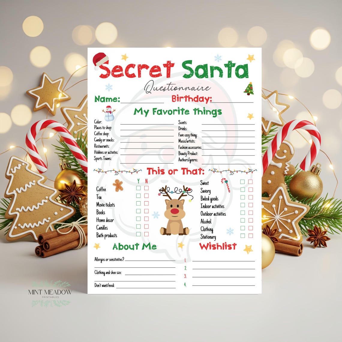 Festive Christmas Secret Santa Questionnaire Editable Christmas Gift ...