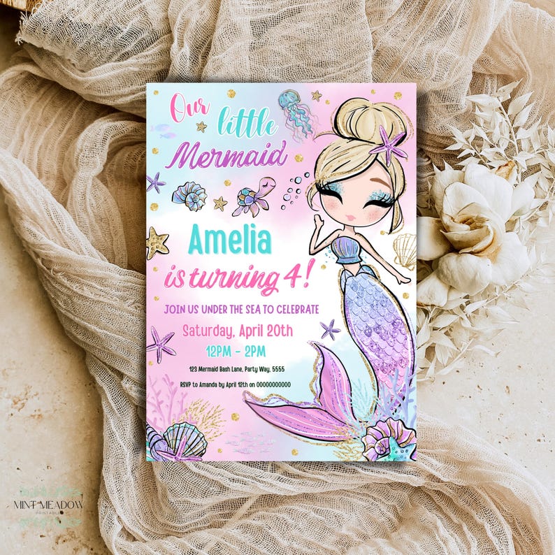 EDITABLE Mermaid Birthday Invitation Mermaid Invite Pink Sparkle ...