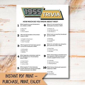 Printable 1955 Trivia Game 50th Birthday Party Games 1955 Fun Facts ...