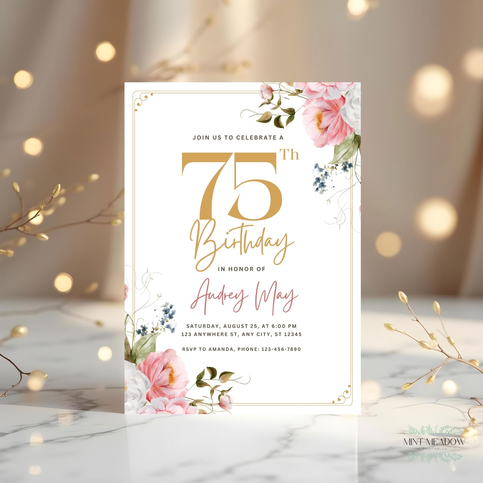 Editable 75th Birthday Invitation, Floral Surprise Party Invite Digital ...