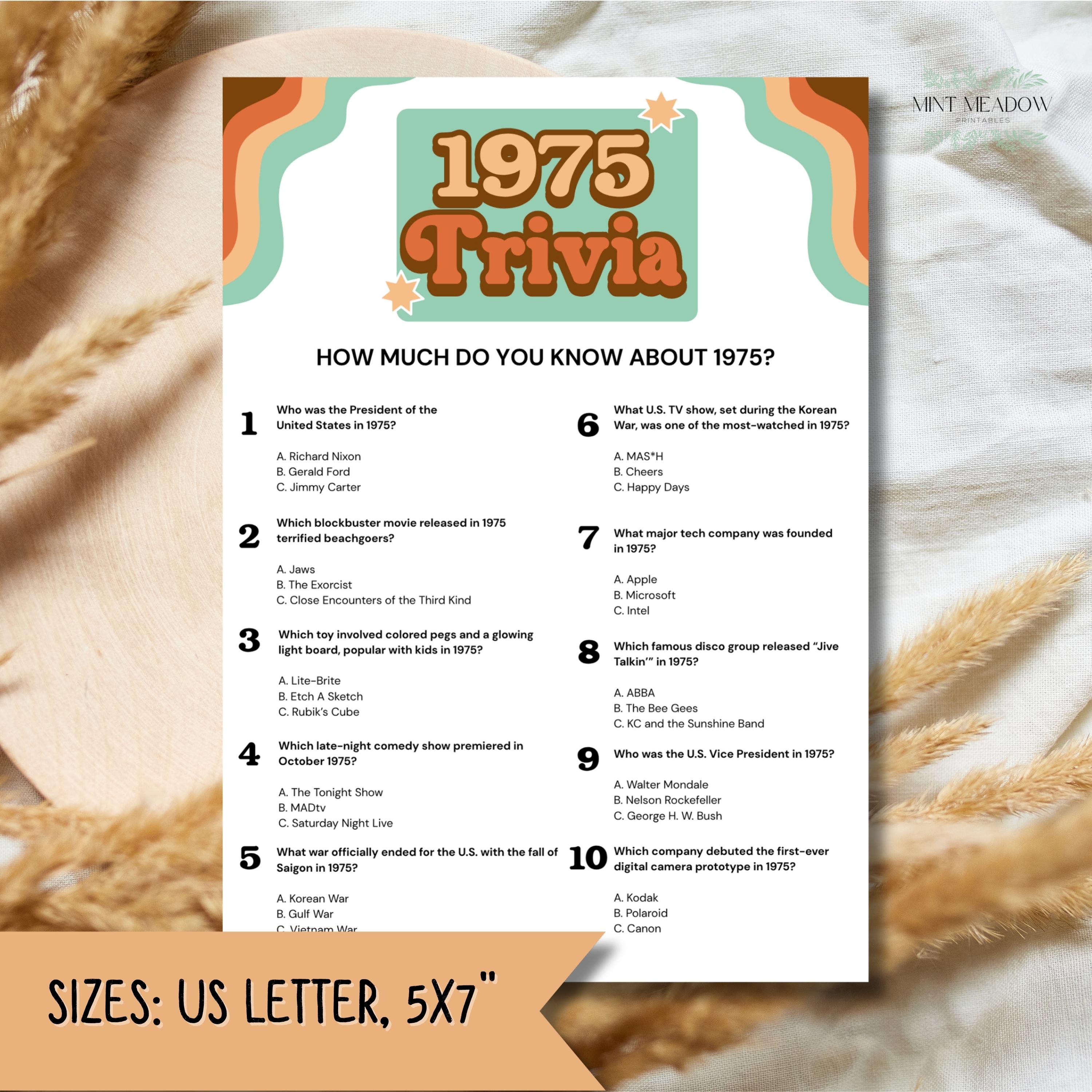 Printable 1975 Trivia Game 50th Birthday Party Games 1975 Fun Facts ...