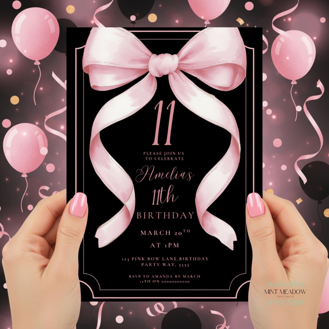 Pink and Black Bow 11th Birthday Invite, Girls Ribbon Party Invitation, Editable Canva Template ...