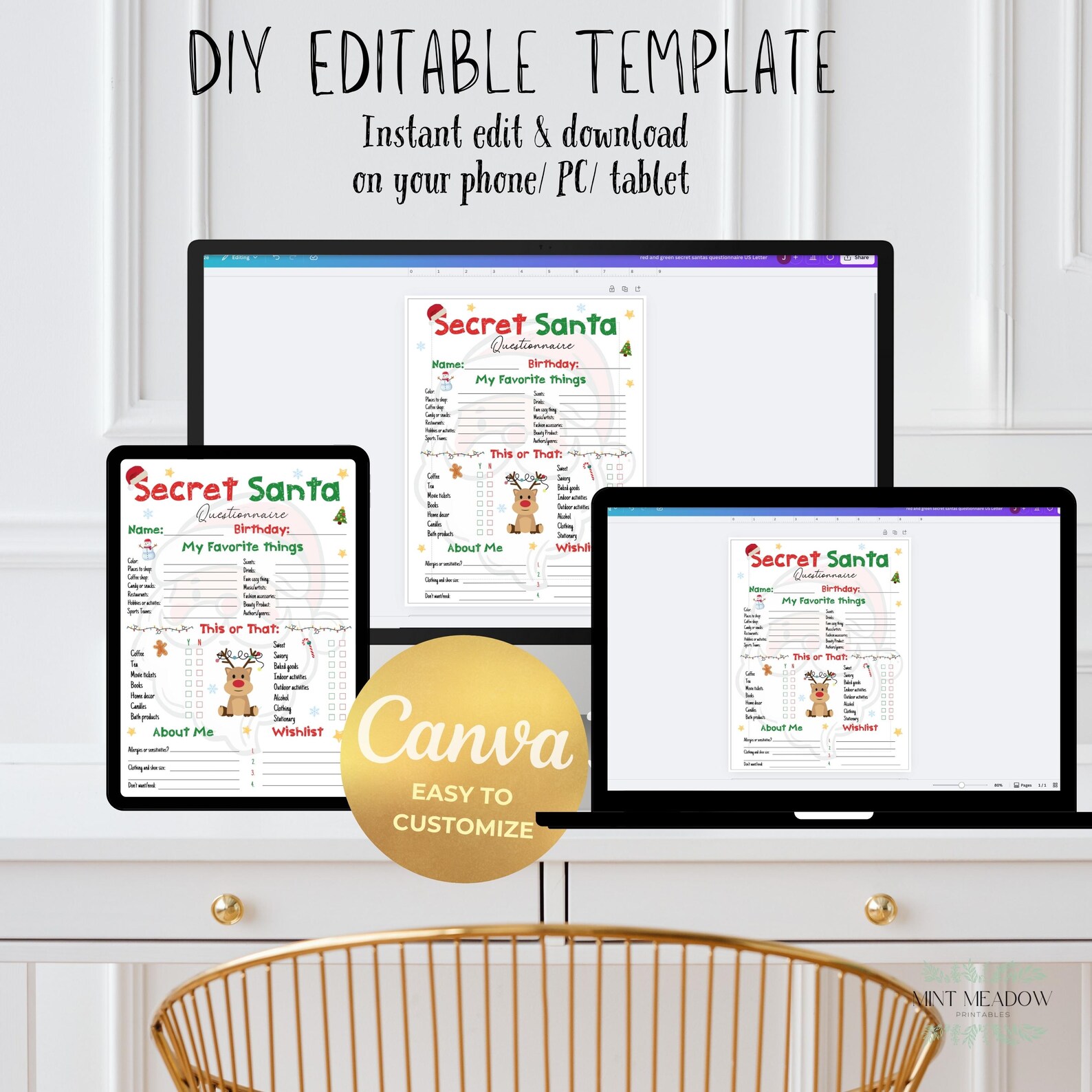 Festive Christmas Secret Santa Questionnaire Editable Christmas Gift ...