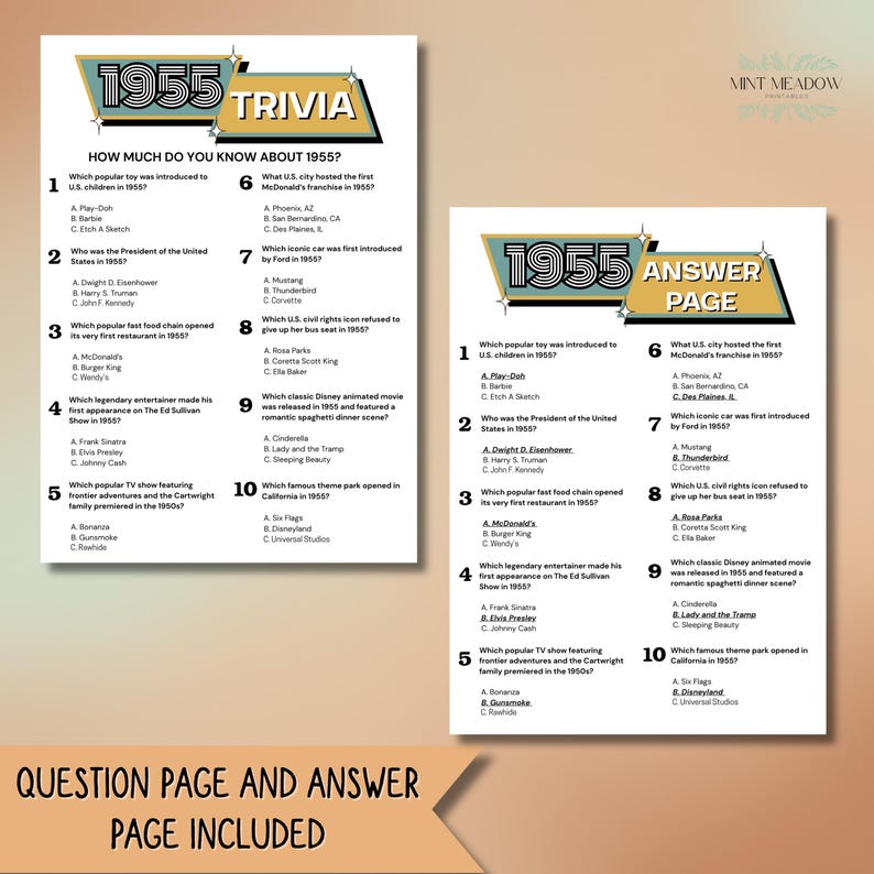 Printable 1955 Trivia Game 50th Birthday Party Games 1955 Fun Facts ...