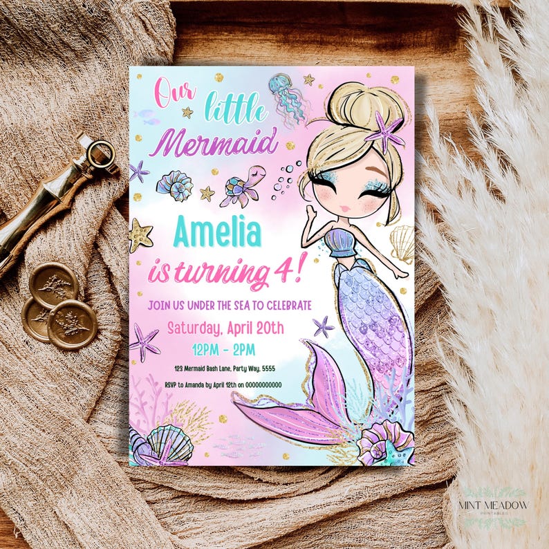 EDITABLE Mermaid Birthday Invitation Mermaid Invite Pink Sparkle ...