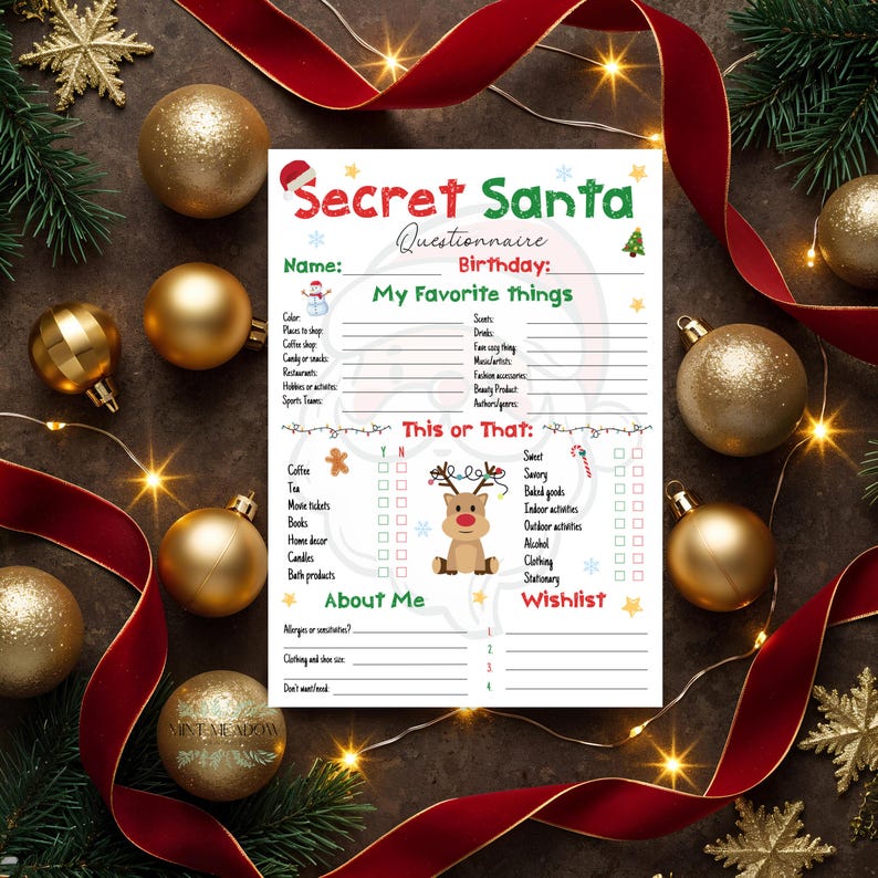 Festive Christmas Secret Santa Questionnaire Editable Christmas Gift ...