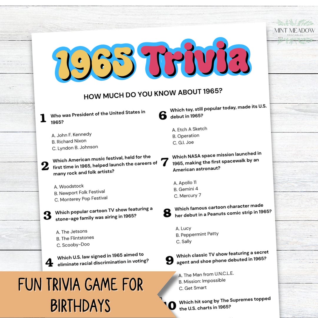 Printable 1965 Trivia Party Game 60th Birthday Party Activities ...