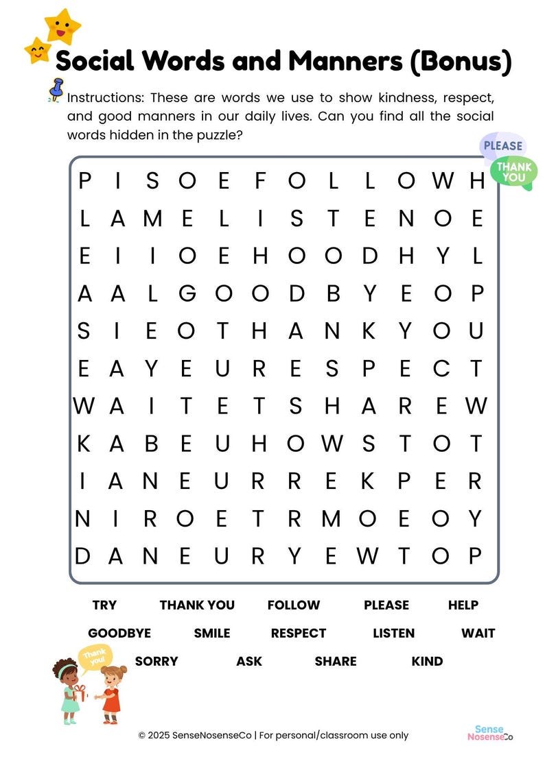 Social Words and Manners Word Search Pack | SEL Activities for Kids ...