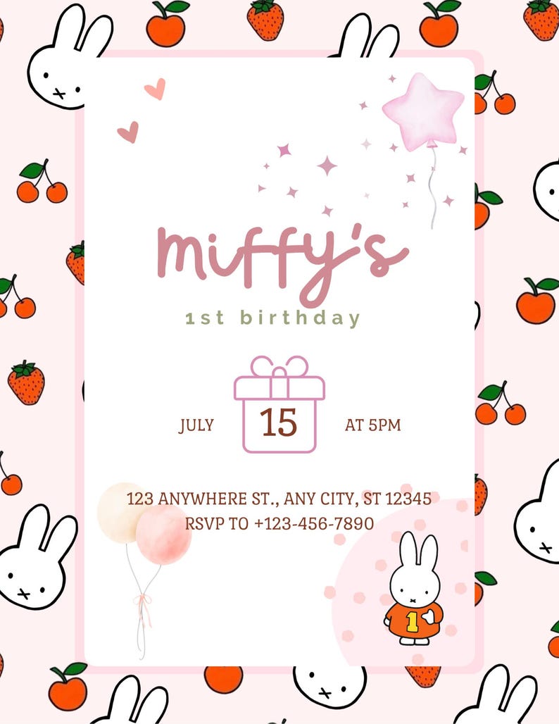 Miffy Bunny 1st Birthday Invitation. Editable Pastel Template. Cute ...