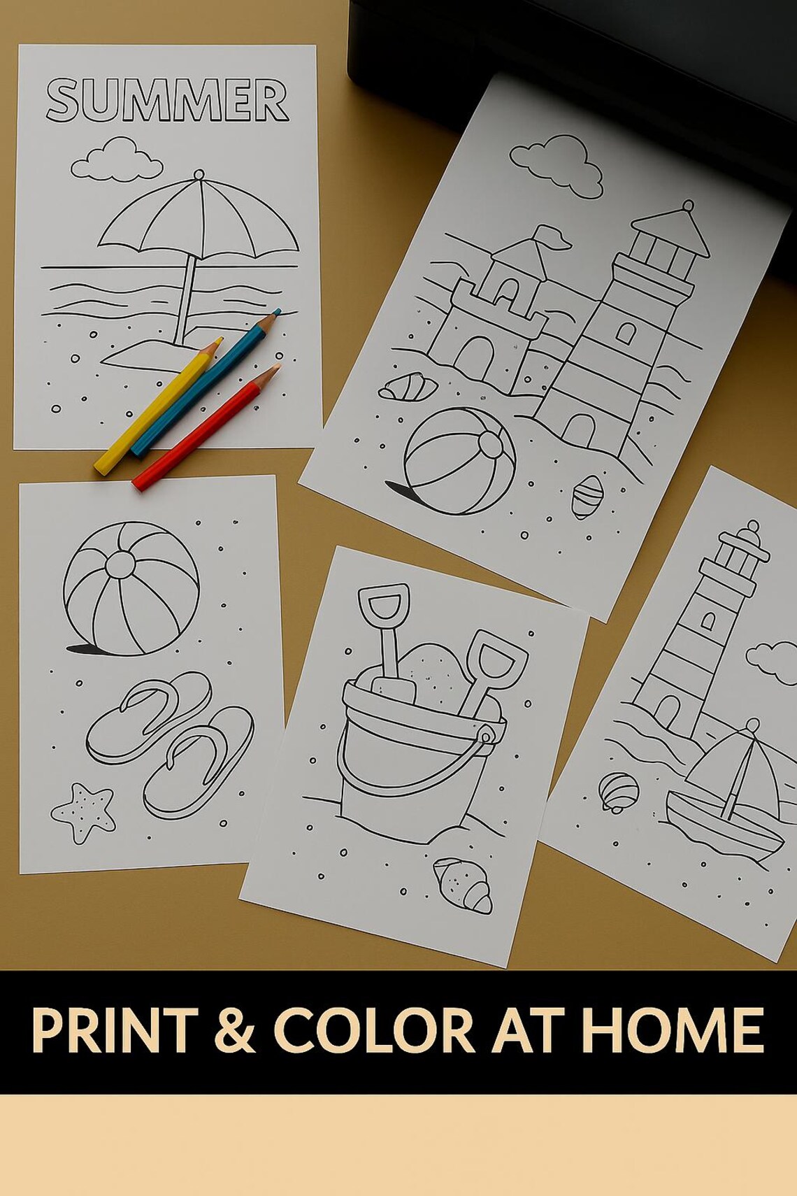 6 X Summer Coloring Pages for Kids – 6 Fun Beach Scenes – Printable ...