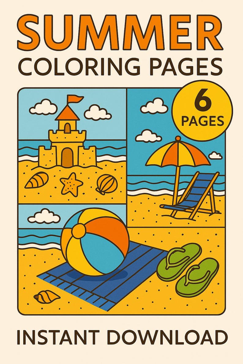 6 X Summer Coloring Pages for Kids – 6 Fun Beach Scenes – Printable ...