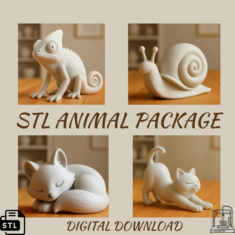 Cute Animal STL Bundle for 3D Printing | Cat, Snail, Chameleon, Fox ...