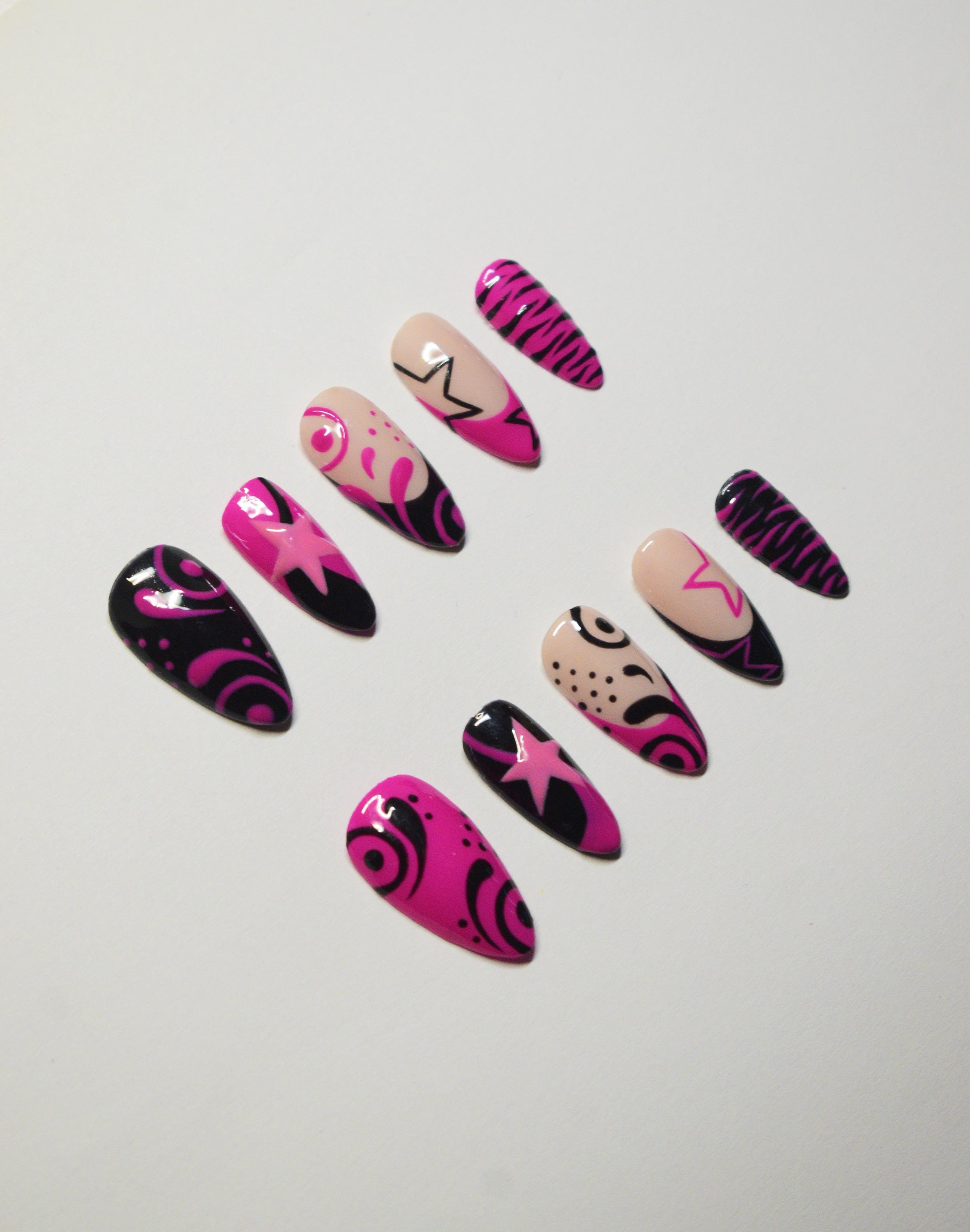 Hot Pink Zebra Print Press on Nails: Y2K Frutiger Metro Star Retro ...