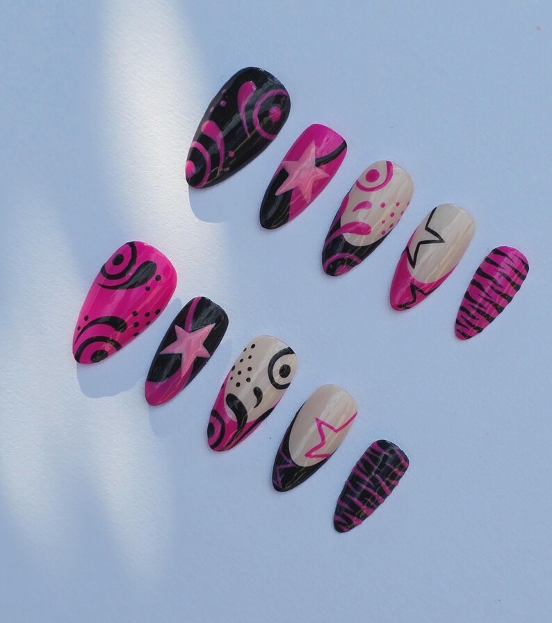 Hot Pink Zebra Print Press on Nails: Y2K Frutiger Metro Star Retro ...