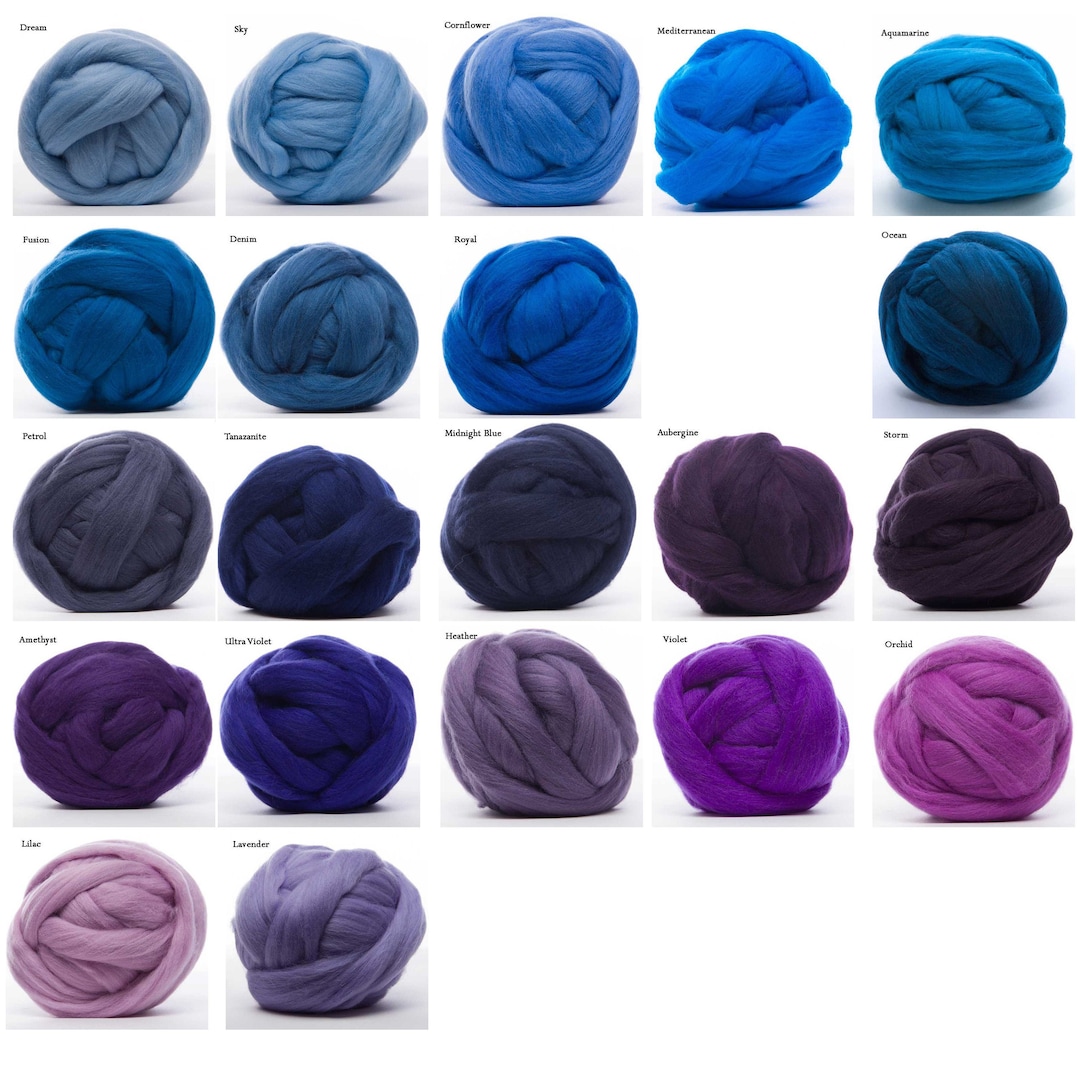 Merino Wool Roving 4oz - 22.5 Micron, 20 Blue and Violet Colors ...