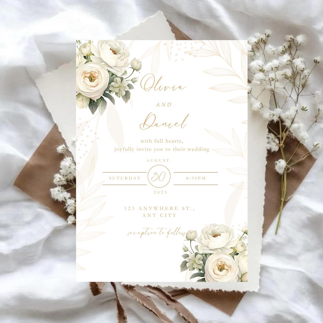 Elegant Beige and White Floral Wedding Invitation Editable Template ...