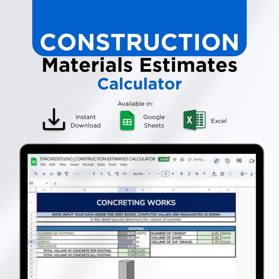 Construction Materials Estimates Calculator – Google Sheets & Excel ...