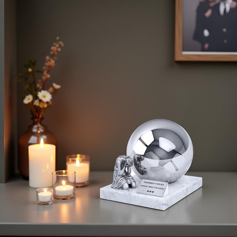 Memorial Sphere Cremation Urn | Stainless Steel, Mourning Woman ...