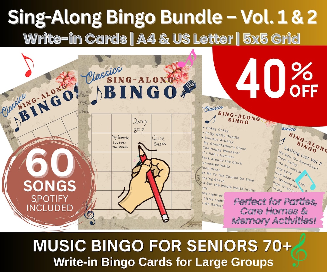 Classic Sing-along Music Bingo Bundle Vol.1 and 2 – 60 Songs, 5x5 Grid ...