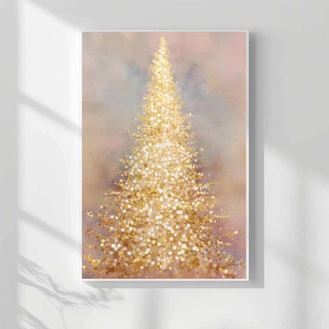 Moody Christmas Tree Art Print – Elegant Gold Holiday Wall Art (digital ...