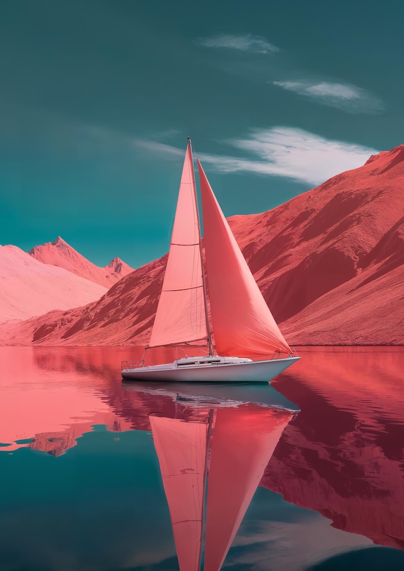 Pink Voyage – Surreal Sailboat Digital Print, Dreamy Landscape Wall Art ...
