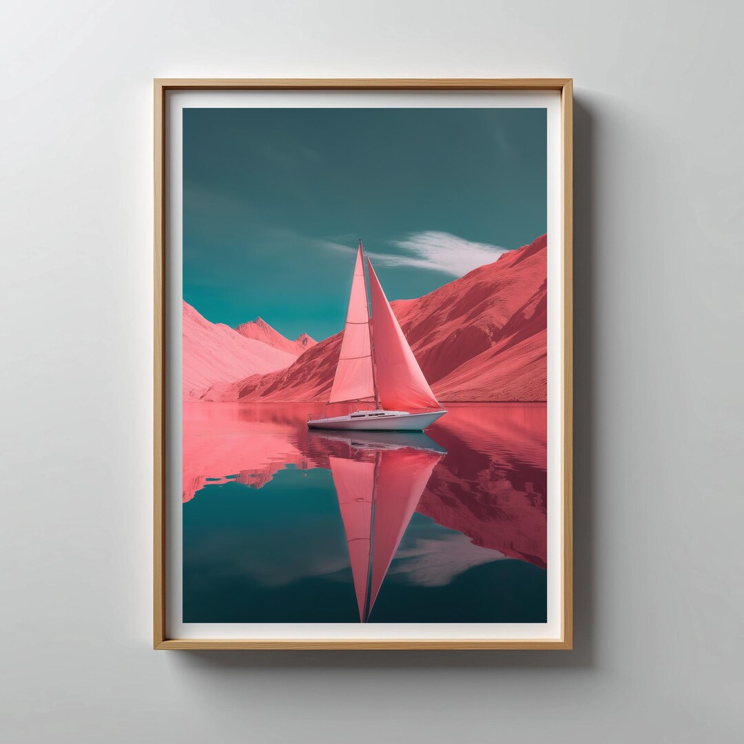 Pink Voyage – Surreal Sailboat Digital Print, Dreamy Landscape Wall Art ...