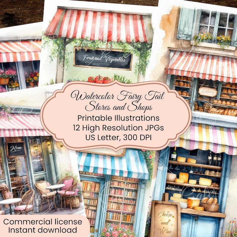 Watercolor Storefront Printable Illustrations – 12 Cozy Market and Shop ...