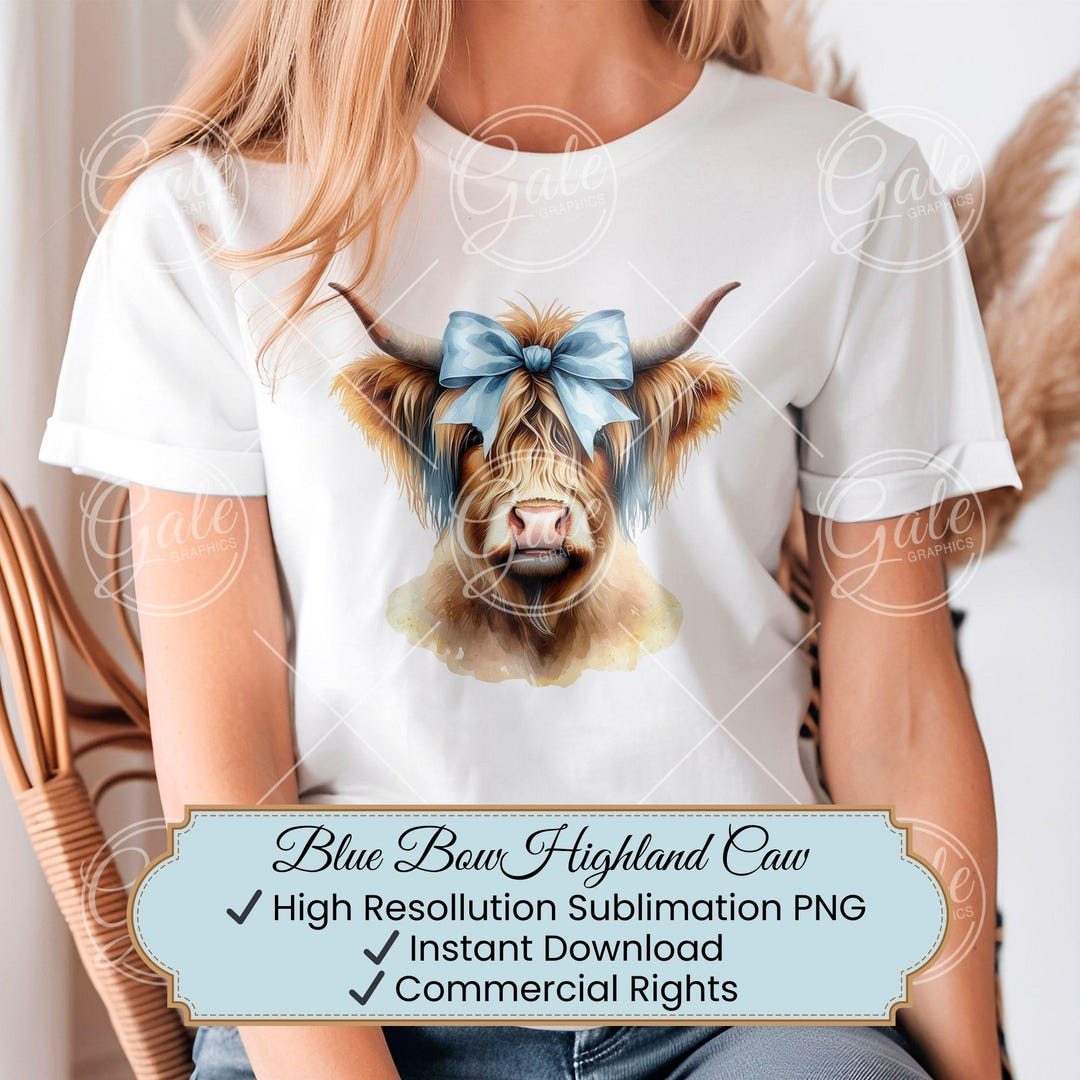 Blue Bow Highland Cow PNG – Coquette Highland Cattle Sublimation Design ...