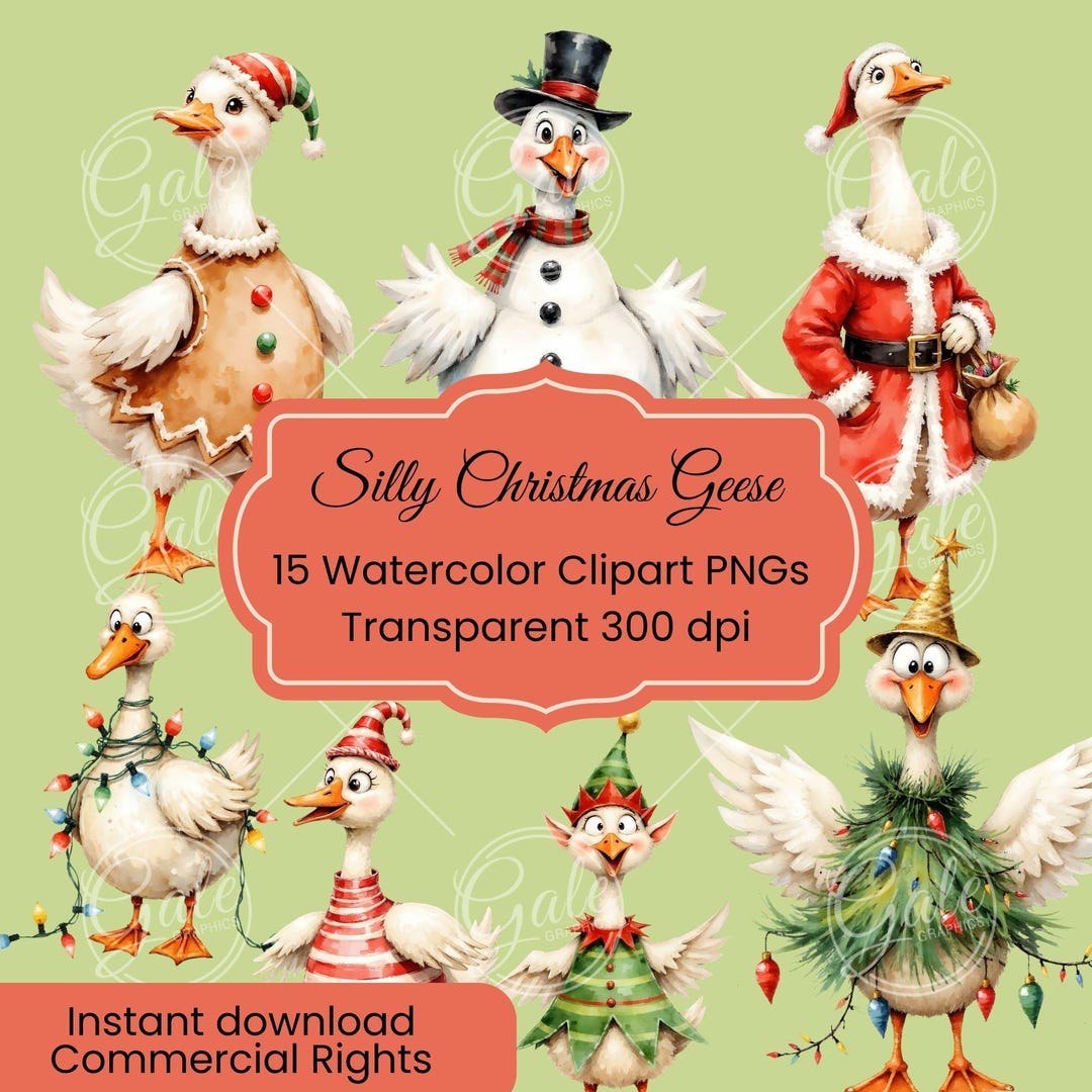 Silly Christmas Geese Clipart PNG Bundle – Funny Watercolor Holiday ...