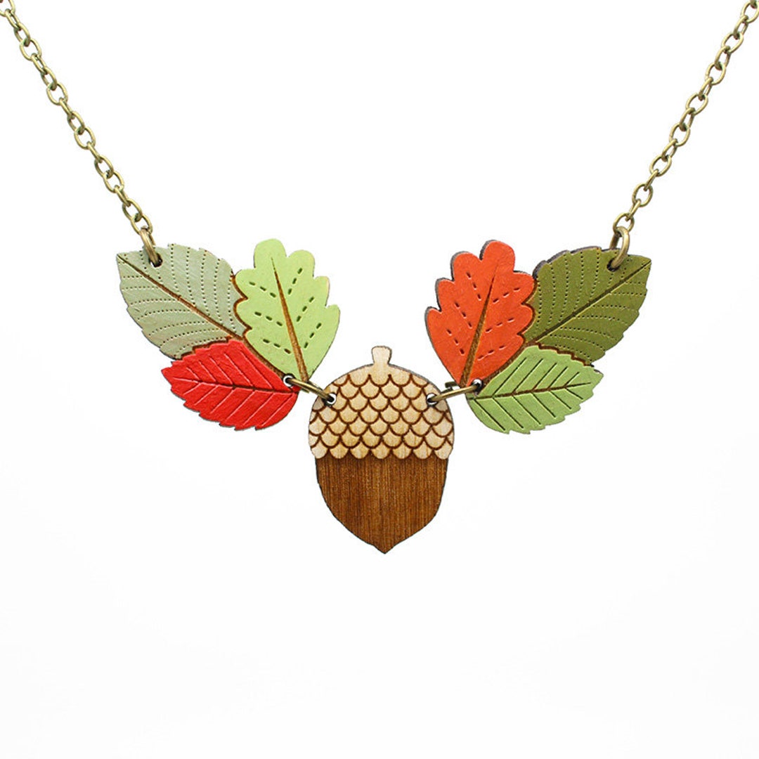 Autumn Leaves and Acorn Necklace - Hand Painted Fall Necklace - Etsy