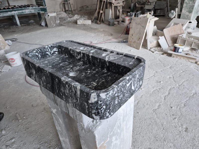 Nero Marquina Marble Wall Mounted Sink | Handmade Floating Stone Basin ...
