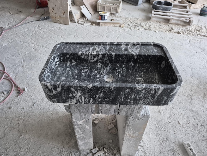 Nero Marquina Marble Wall Mounted Sink | Handmade Floating Stone Basin ...