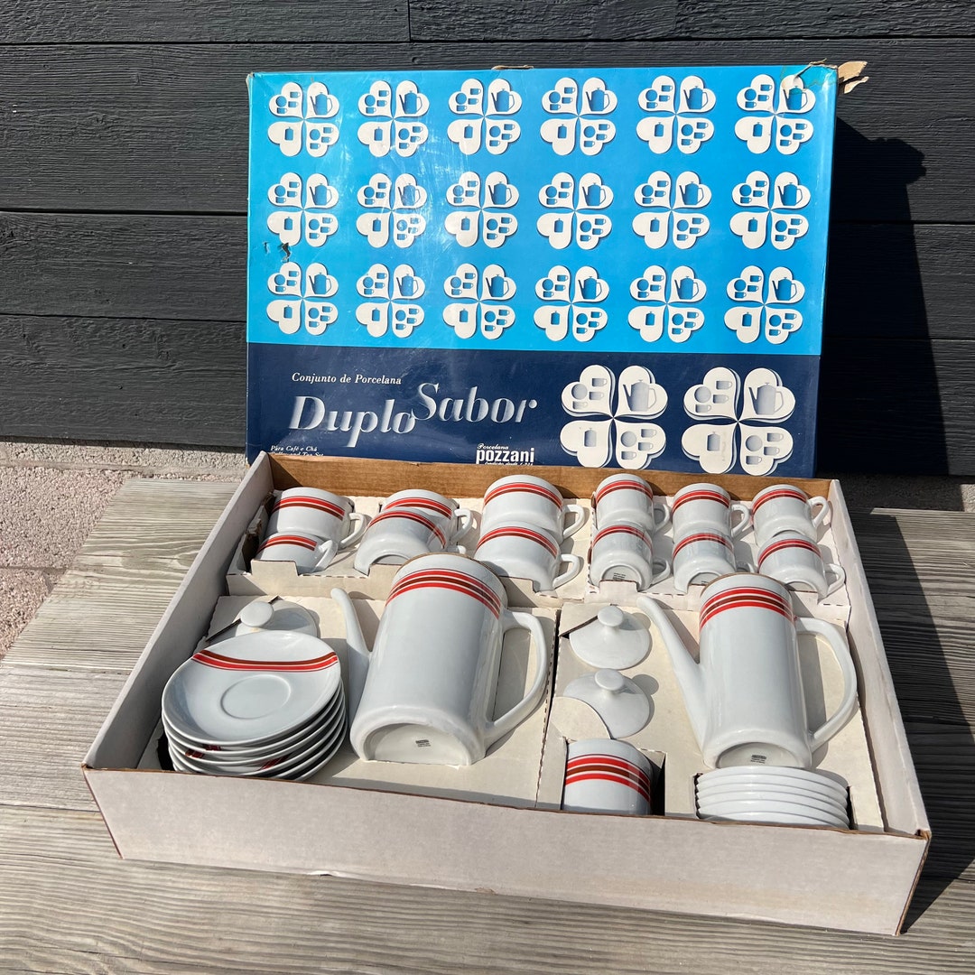 VTG Retro White Orange Maroon Stripe Coffee & Tea Set Porcelain EUC for ...