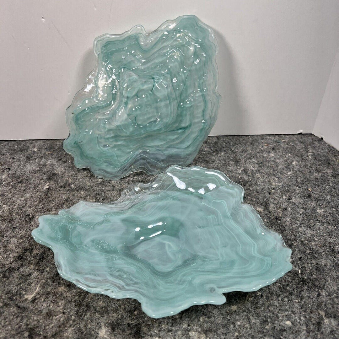 Set of 2 Glass Oyster Shell Dish Bowl Iridescent Aqua Blue Trinket - Etsy