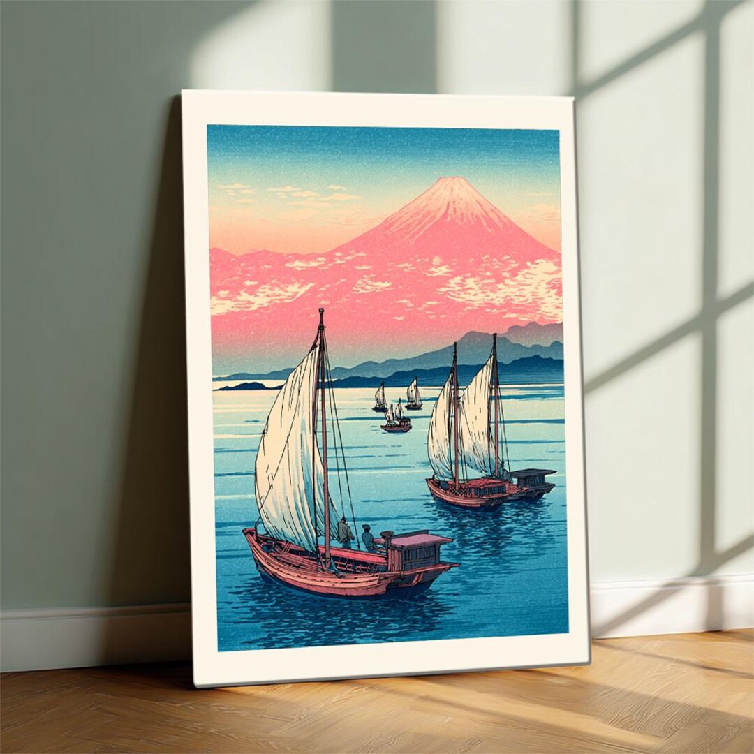 Ukiyo-e Style Mount Fuji Sailboats Sea View Print,pink-orange Sky ...