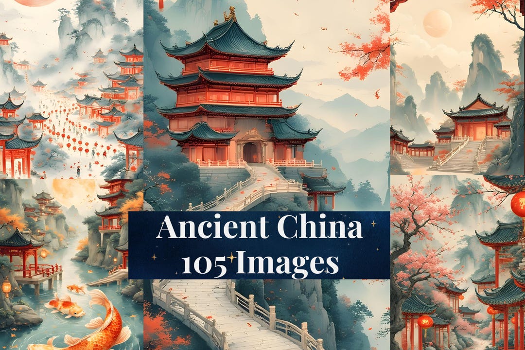Ancient China Watercolor Clipart, Asian Landscape & Pagodas (digital ...