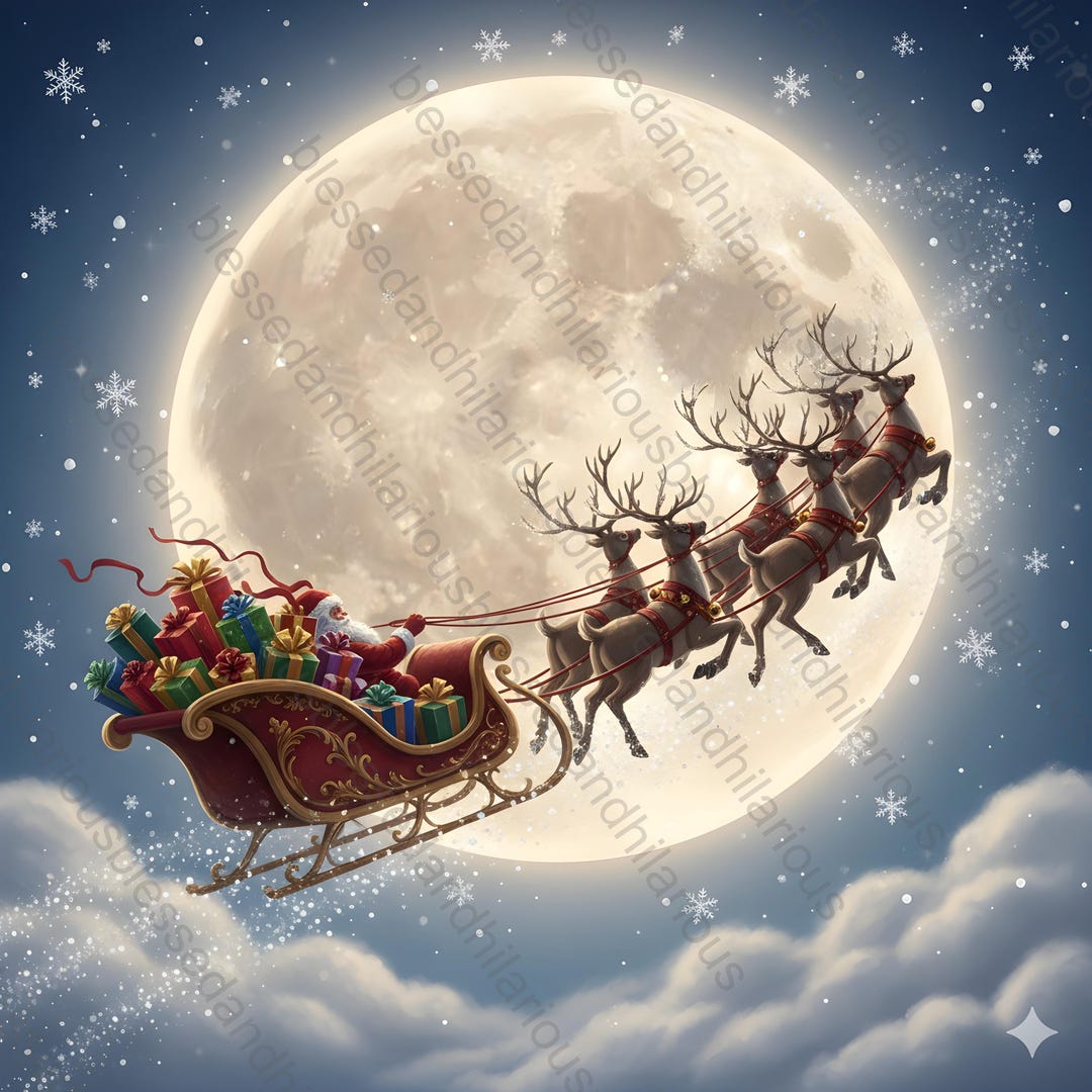 19 Santa Sleigh Moonlit Christmas Scene Art: Cozy Holiday Print ...