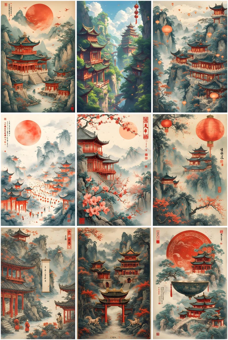 Ancient China Watercolor Clipart, Asian Landscape & Pagodas (digital ...