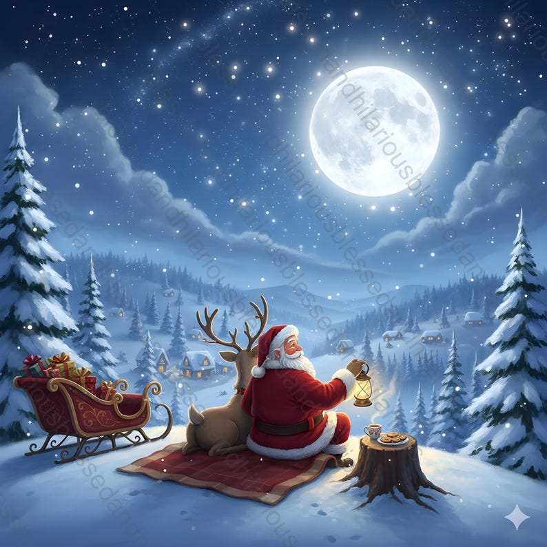 19 Santa Sleigh Moonlit Christmas Scene Art: Cozy Holiday Print ...