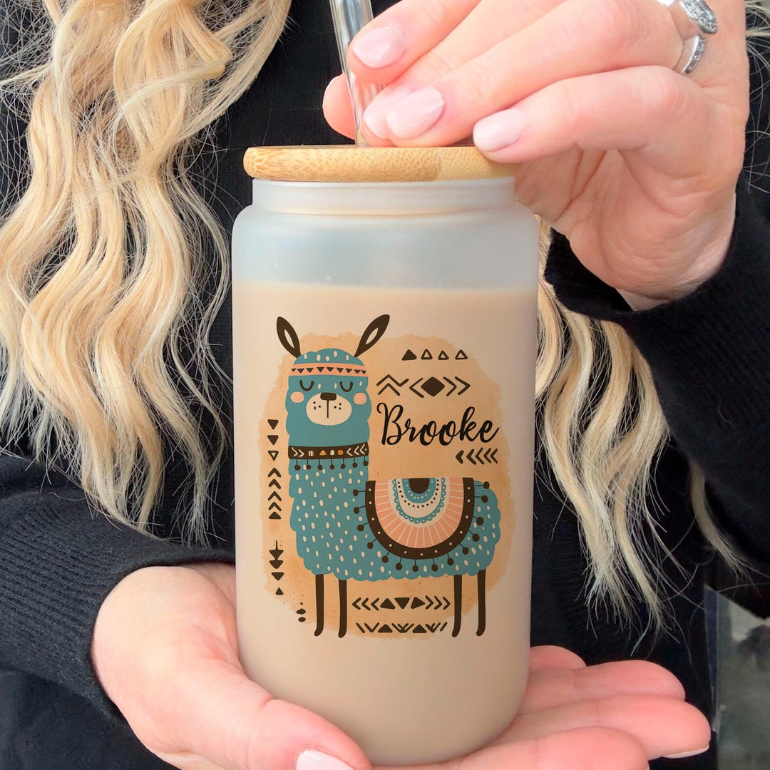 Personalized Llama Tumbler Frosted Glass Can With Bamboo Lid Custom ...